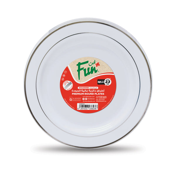 Fun® Premium Plastic White Round Plates with Silver ring 23cm [10pcs x ...